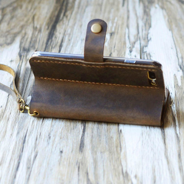 Leather iPhone Wristlet - Wallet Case - Distressed Brown - Extra Studio